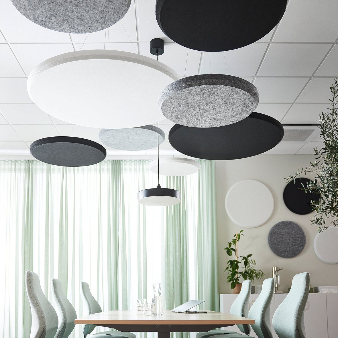 Acoustic panel SATELLITE, ceiling hung, Ø 1170 mm, white | AJ Products UK