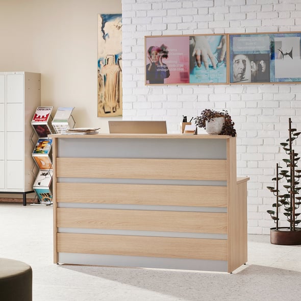 Straight reception desk INVITE with counter, 1600x800x1150 mm, oak | AJ ...