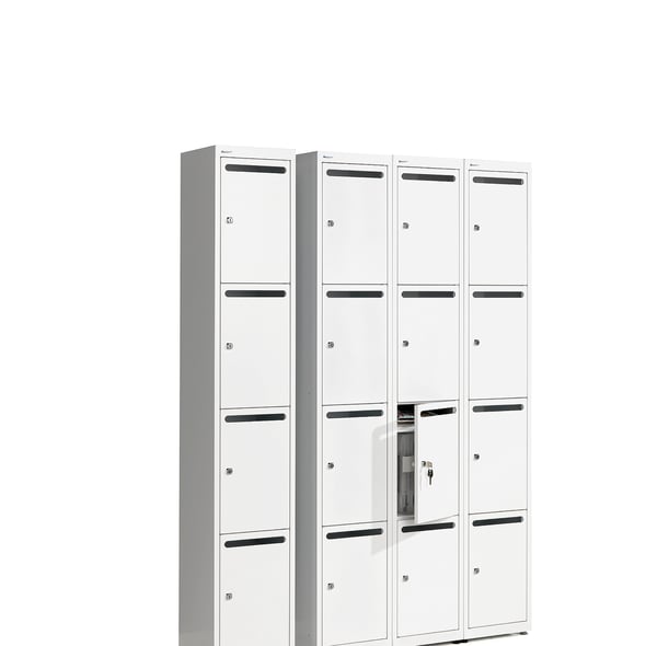 Post/storage locker COURIER, 1 module, 4 doors, 1900x320x350 mm, white ...