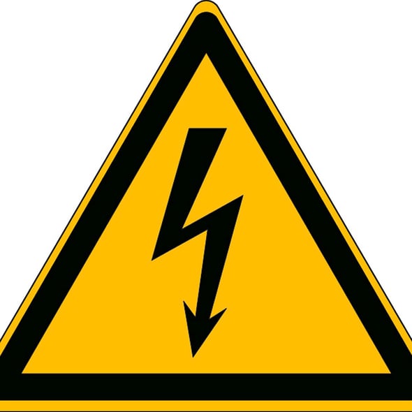Warning electricity sign, adhesive polyester, 200x200 mm | AJ Products UK
