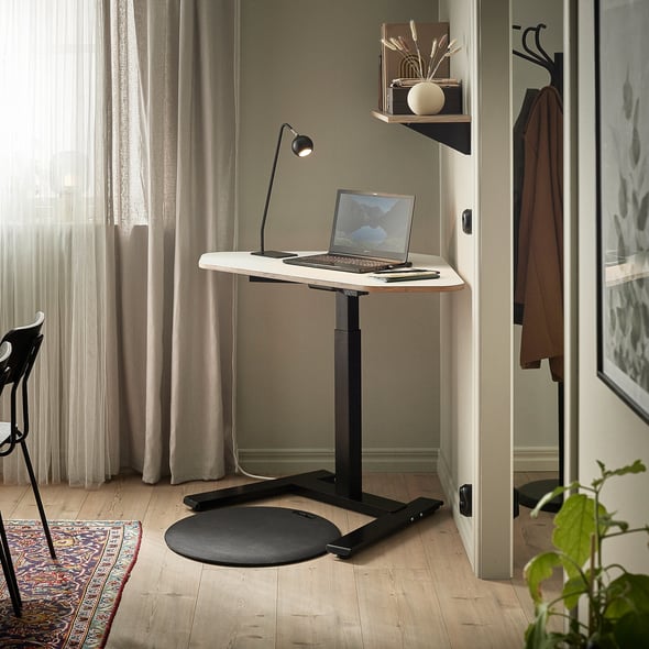 Standing corner desk NOVUS, 1200x750 mm, black frame, white table top ...