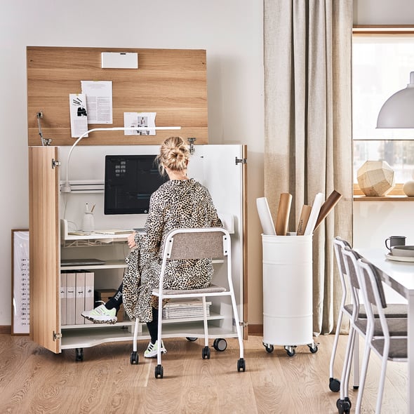 Complete mobile workstation CUBIC with accessory rail, white, oak | AJ ...