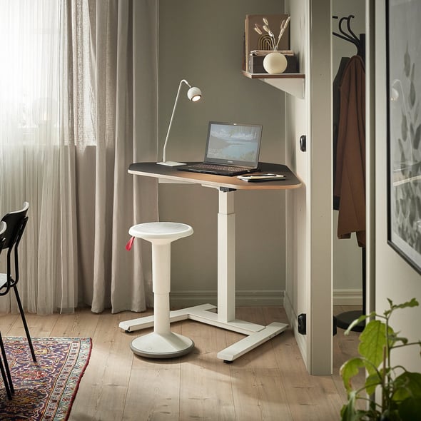 Standing corner desk NOVUS, 1200x750 mm, white frame, black table top ...
