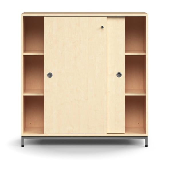 Lockable sliding door cabinet QBUS, 2 shelves, leg frame, handles ...