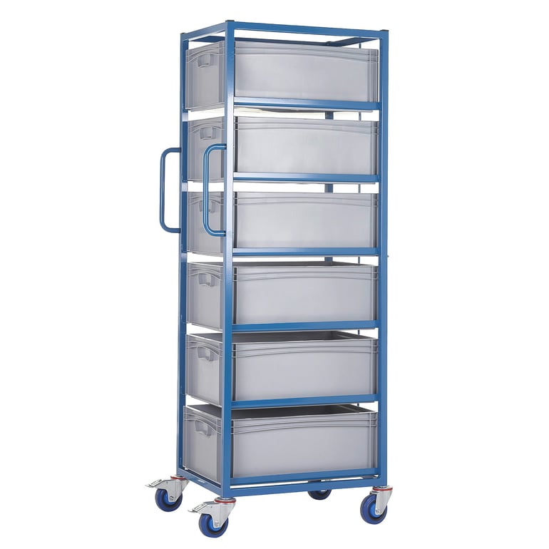 Mobile tray rack with trays, H 1680 mm, 6 x 44 L trays | AJ Products UK