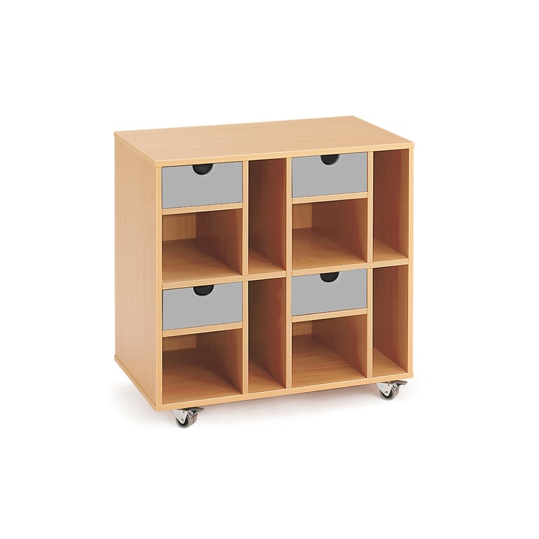 Mobil reol, 8 rum, 4 skuffer, 800x807x450 mm, bøg, grå | AJ Produkter