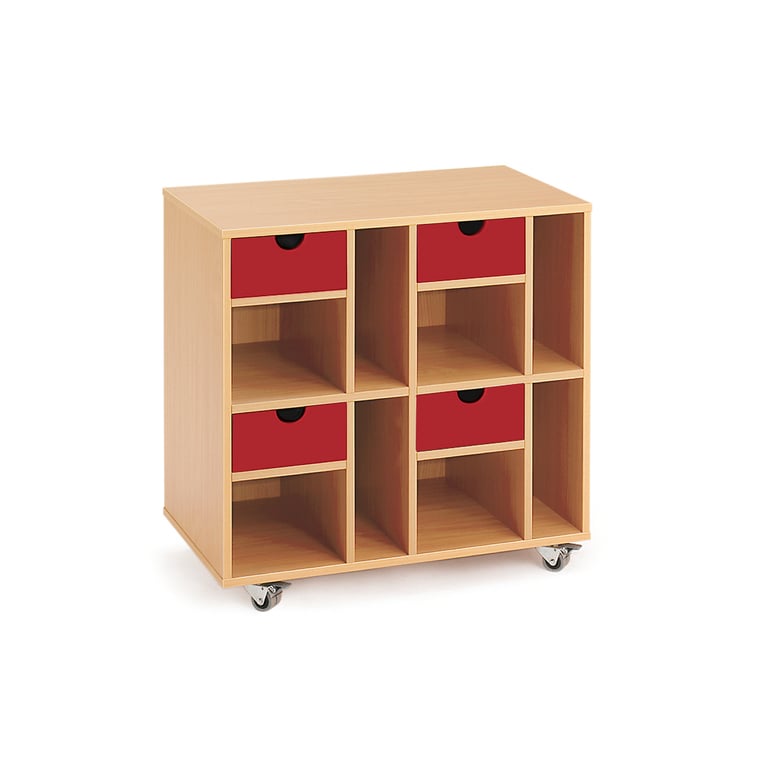 Mobil reol, 8 rum, 4 skuffer, 800x807x450 mm, bøg, rød | AJ Produkter