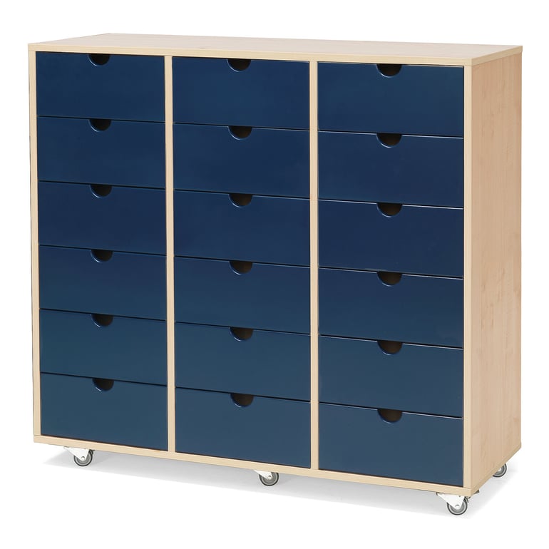 Elevoppbevaring, 18 skuffer, 1200x450x1145 mm, bjørk/blå | AJ Produkter