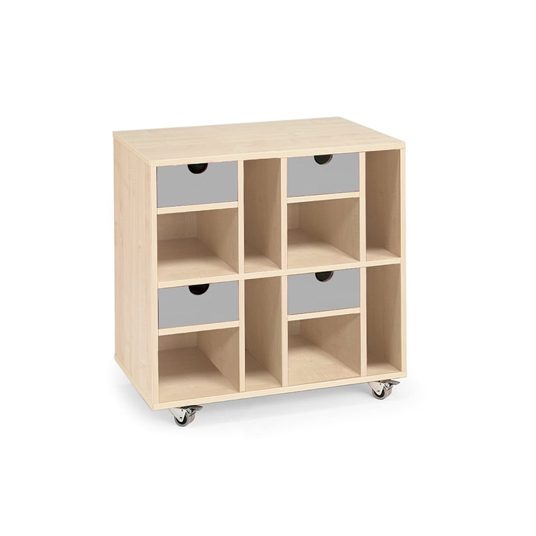 Laatikosto, pyörät, 4 laatikkoa, 800x870x450 mm, koivu/harmaa | AJ Tuotteet