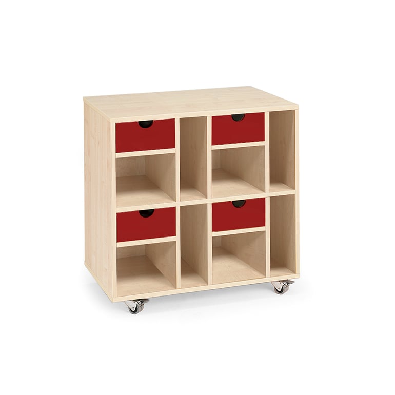 Mobil reol med 4 skuffer, 807x450x800 mm, birk, rød | AJ Produkter
