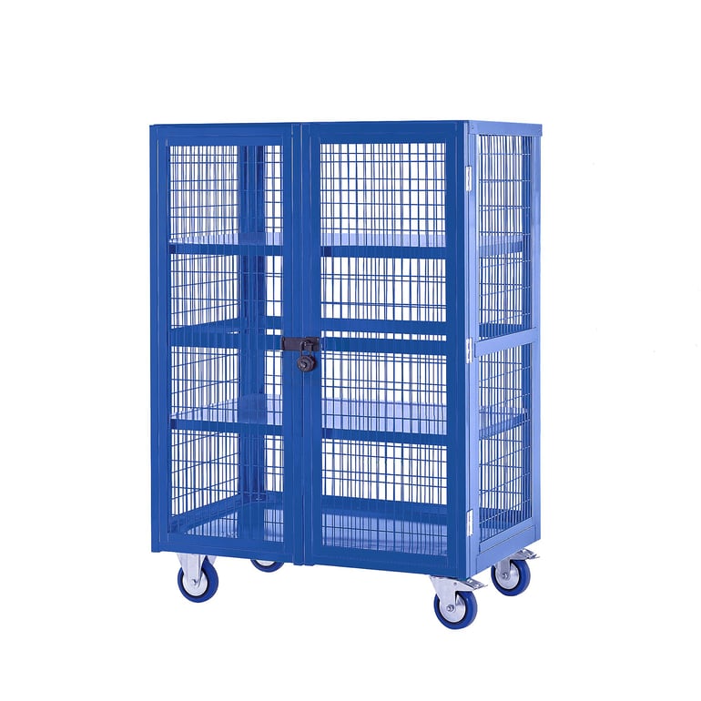 Mobile storage cage, steel shelves, 1355x900x600 mm, blue | AJ Products UK
