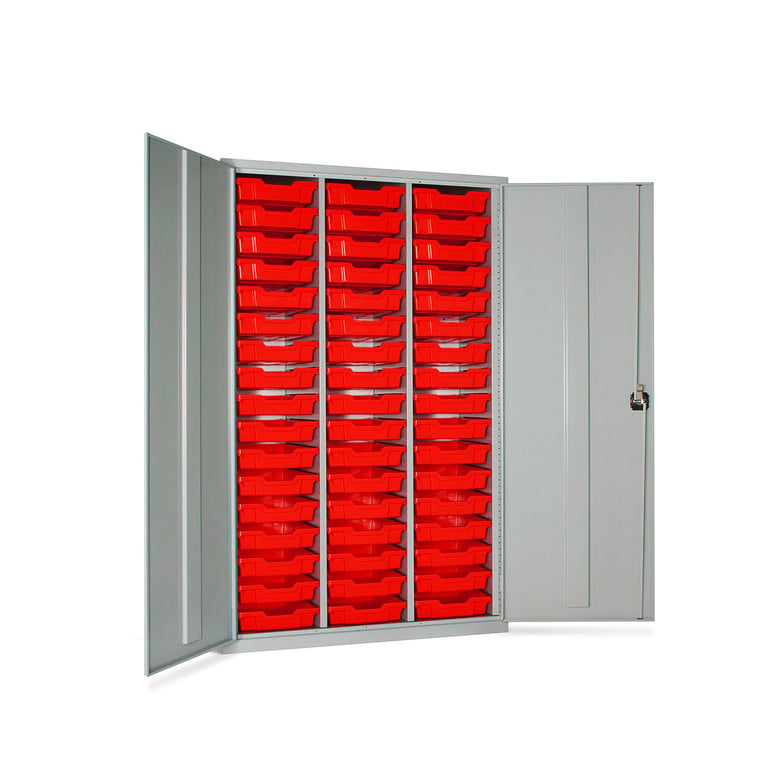 Lockable storage cupboard with trays, 51 trays, 1830x1120x457 mm, red ...