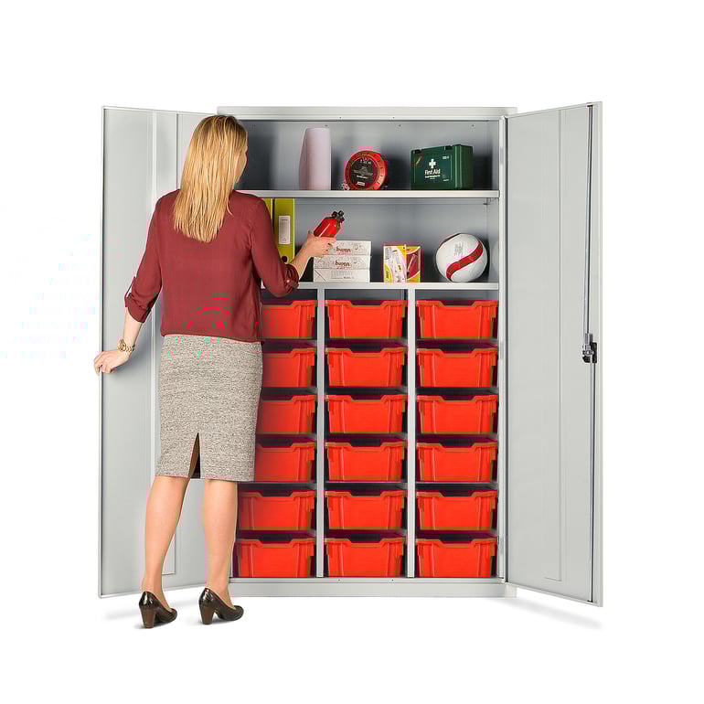 Teacher's tray storage cupboard, 1830x1120x457 mm, grey, with 18 red ...