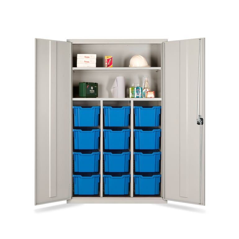 Teacher's tray storage cupboard, 1830x1120x457 mm, grey, with 12 blue ...