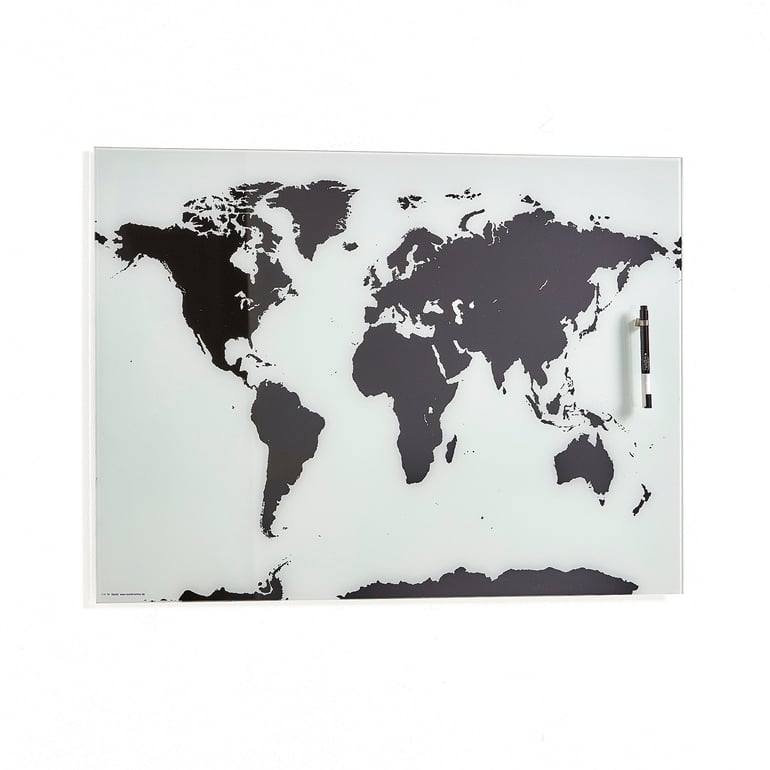 World map glass board WENDY, 800x500 mm, black/white | AJ Products UK
