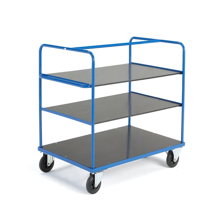 Shelf trolley TRANSFER, 3 shelves, 1200x800x1180 mm, rubber wheels, no ...