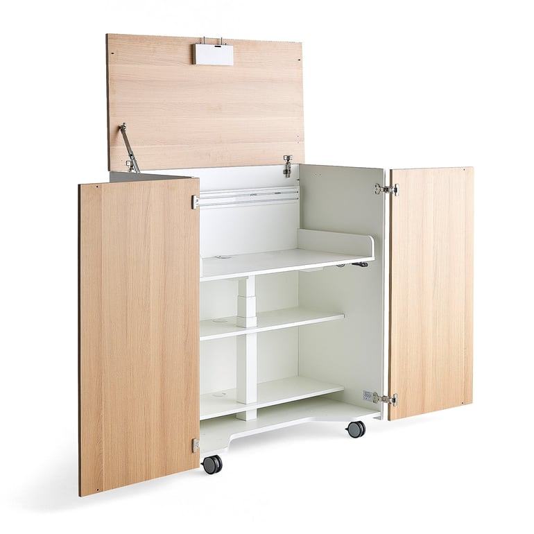 Complete mobile workstation CUBIC with accessory rail, white, oak | AJ ...
