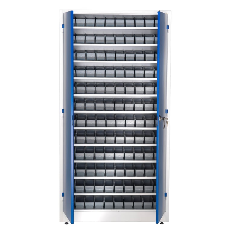 Small parts cabinet REACH + STYLE, 120 bins, 1900x1000x400 mm | AJ Products