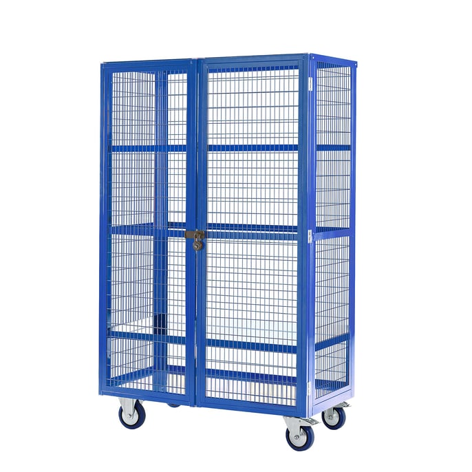 Mobile storage cage, steel shelves, 1955x900x600 mm, blue | AJ Products