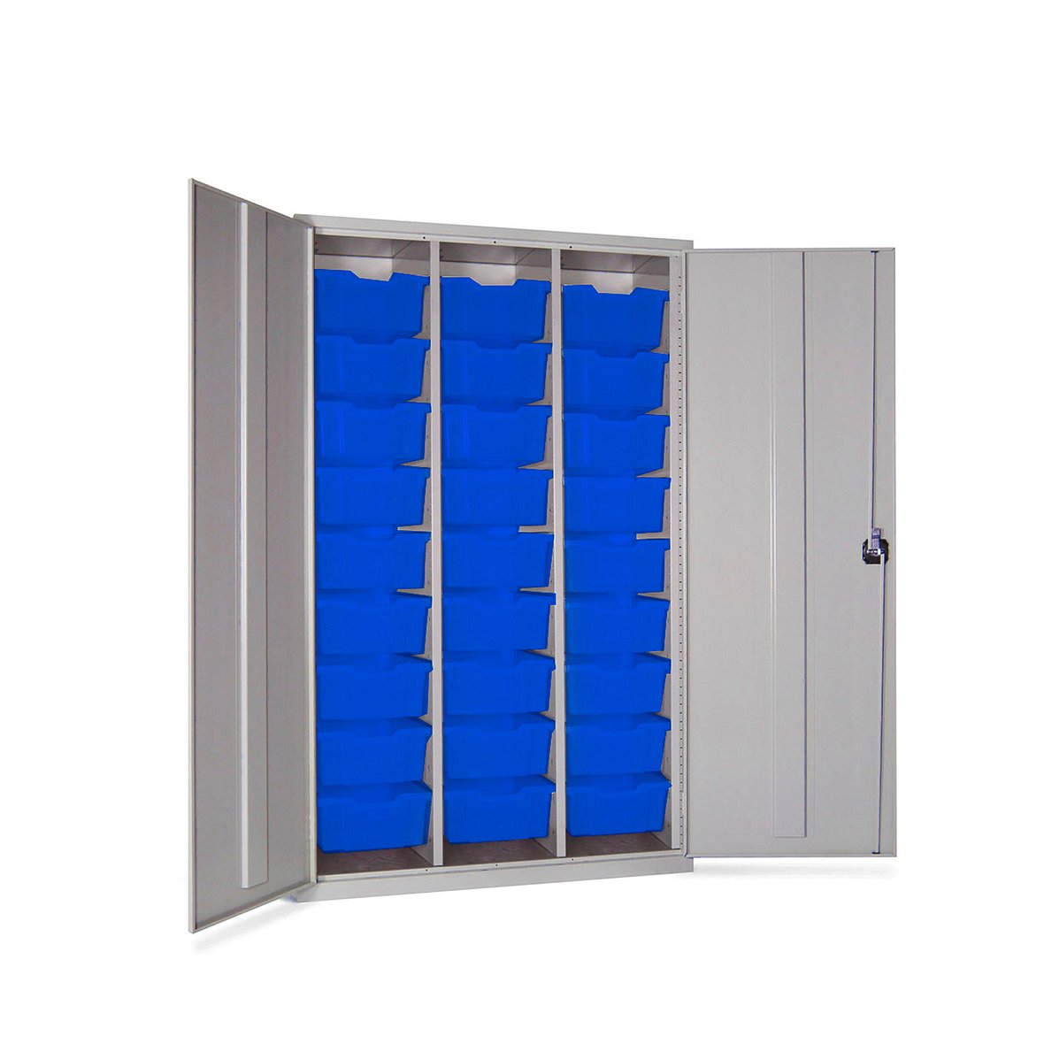 Lockable storage cupboard with trays, 27 trays, 1830x1120x457 mm, blue ...