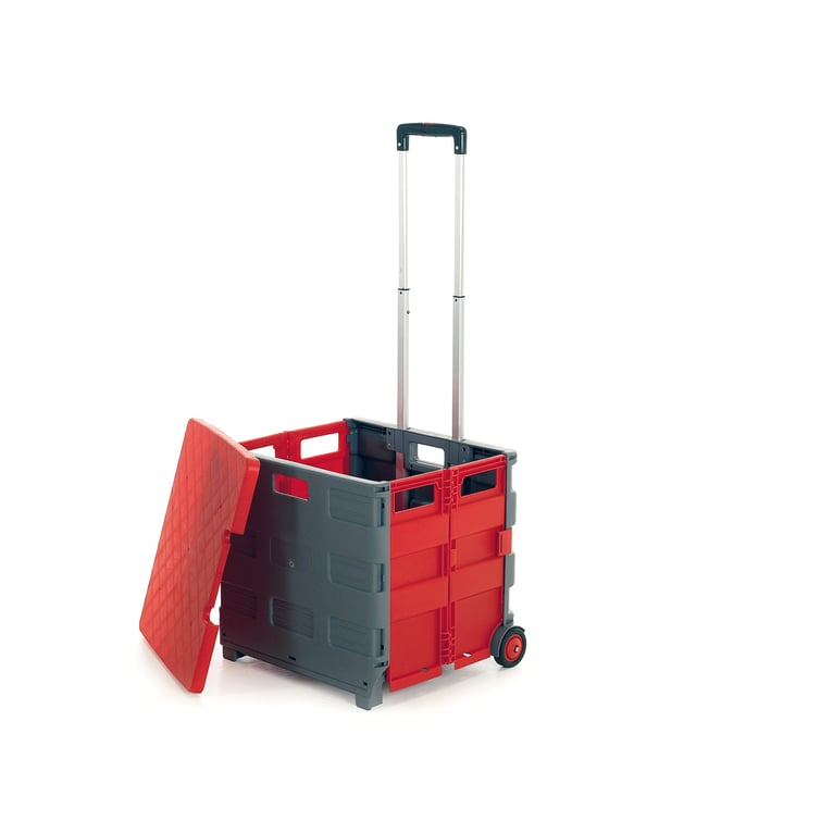 Folding box trolley with lid, 990x460x390 mm, grey and red | AJ Products
