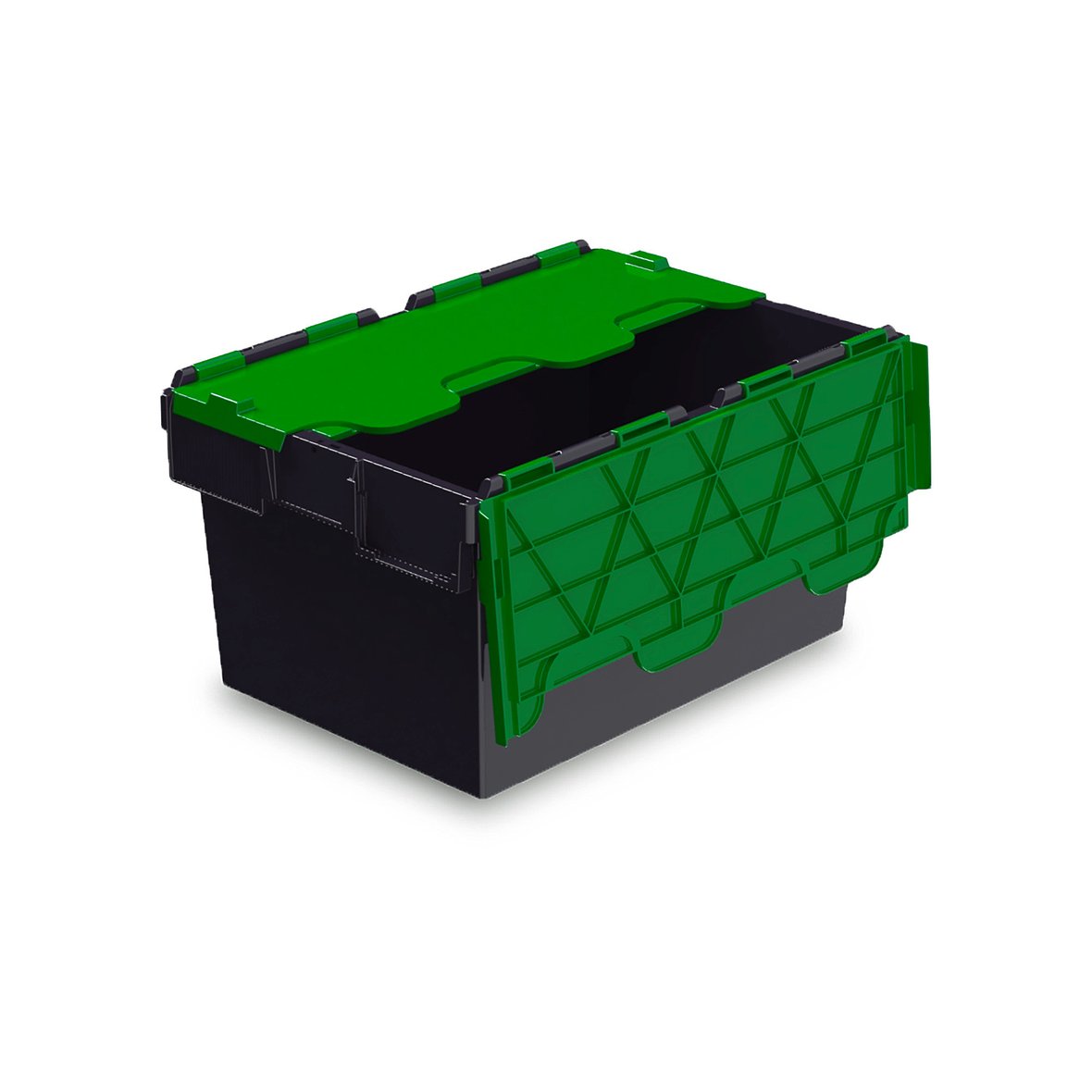 Attached lid container, 600x400x320 mm, 54 L, black, green | AJ Products