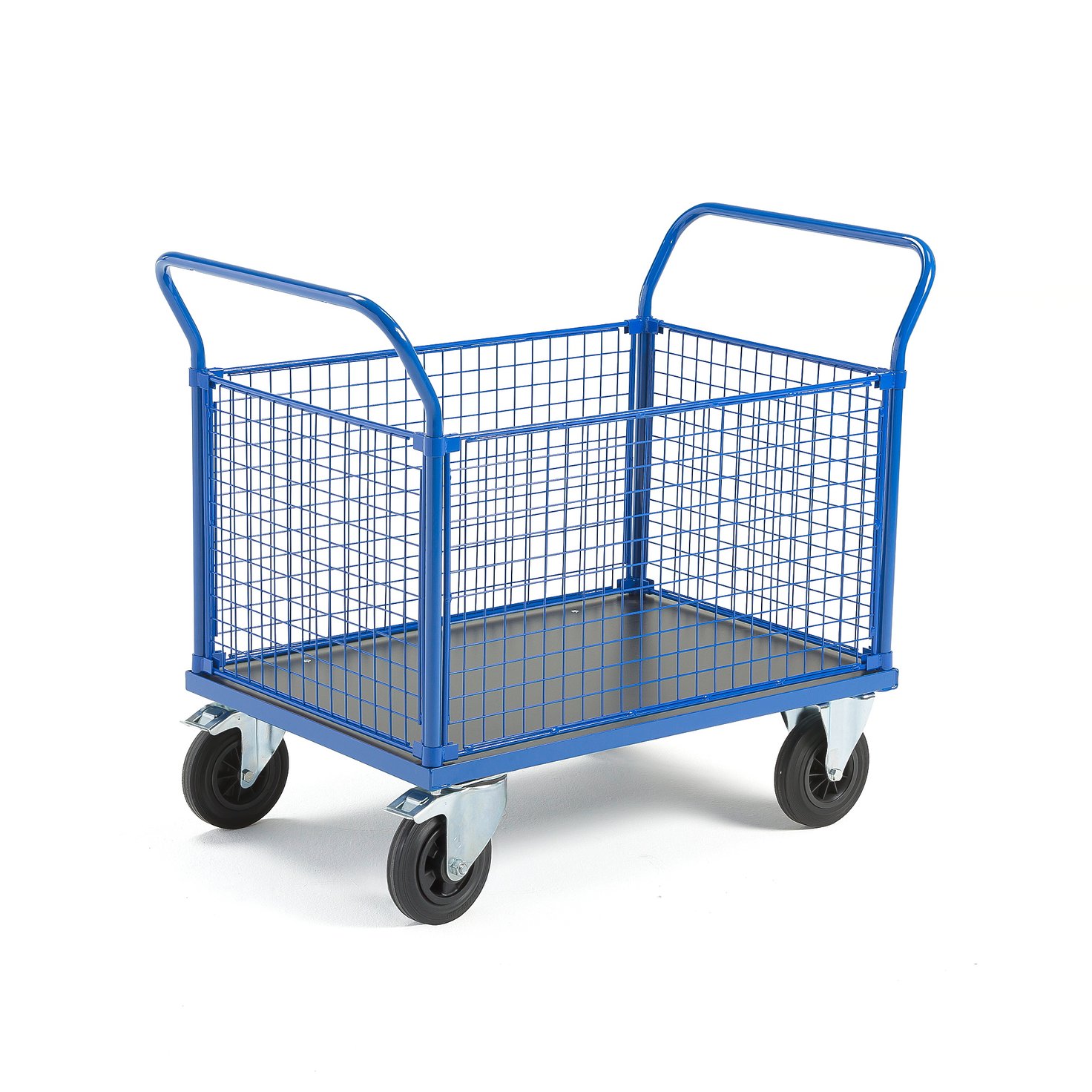 Platform trolley TRANSFER, 4 mesh sides, 1000x700 mm, solid rubber ...