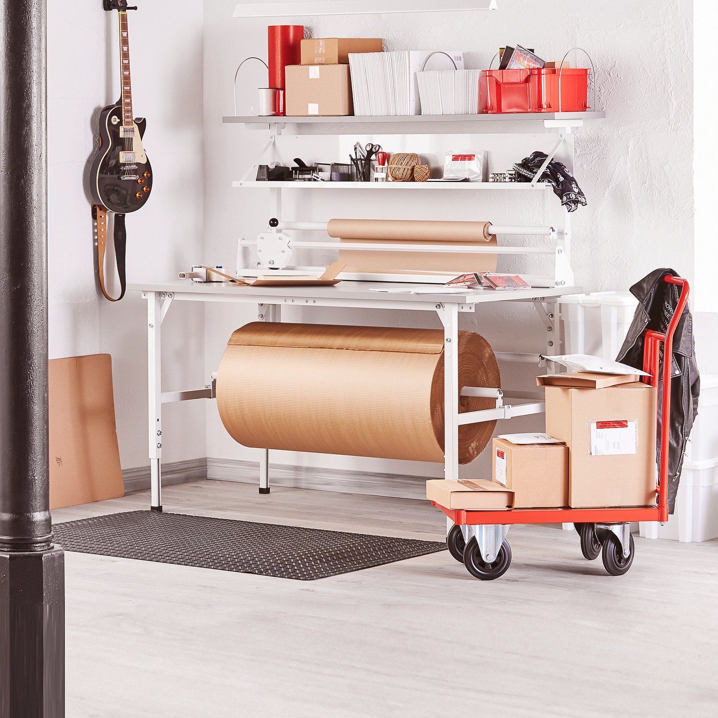 Packing workstation SEND, with rear shelves, 1600x800mm, grey | AJ Products