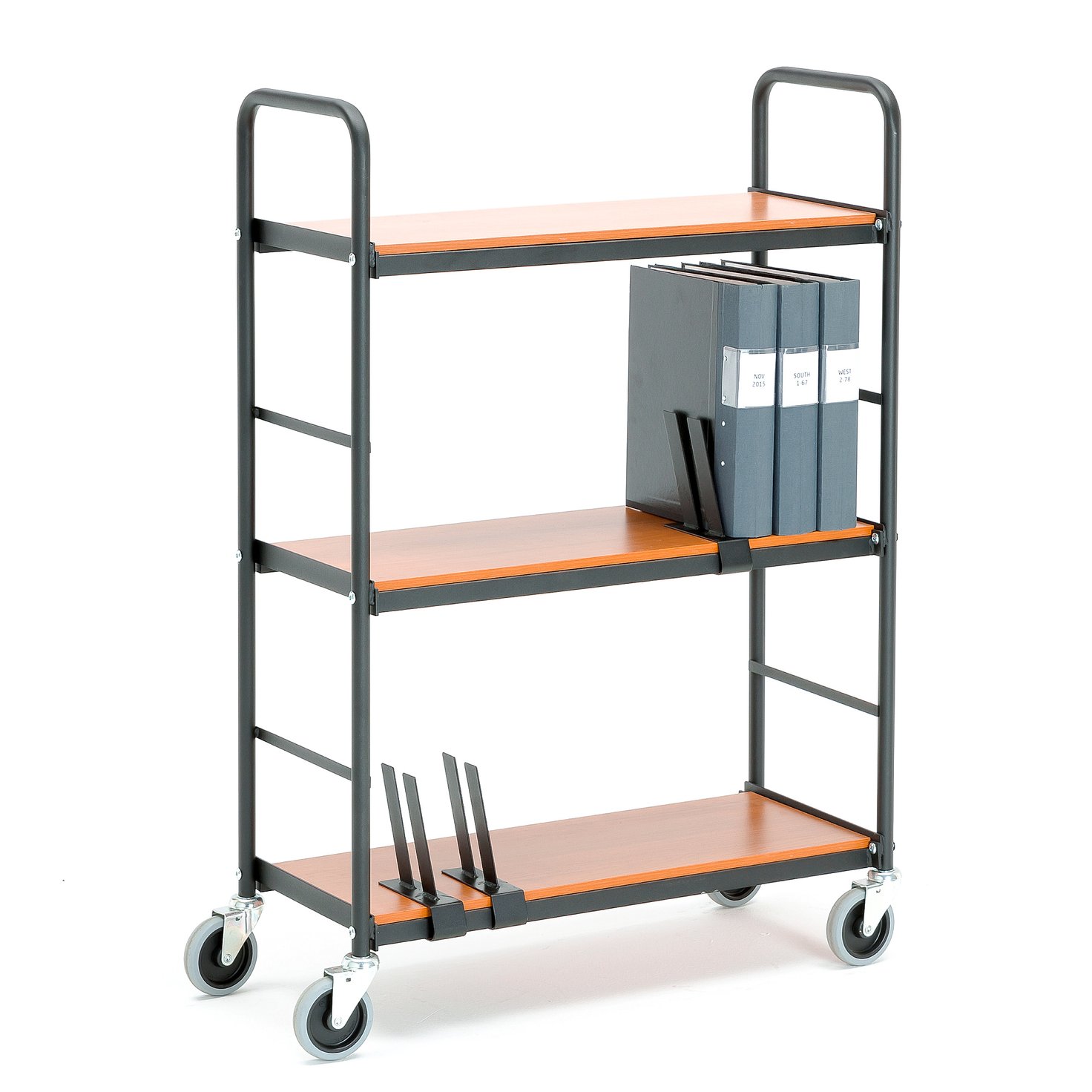 File trolley DASH, 3 shelves, 730x275mm, cherry, black | AJ Products