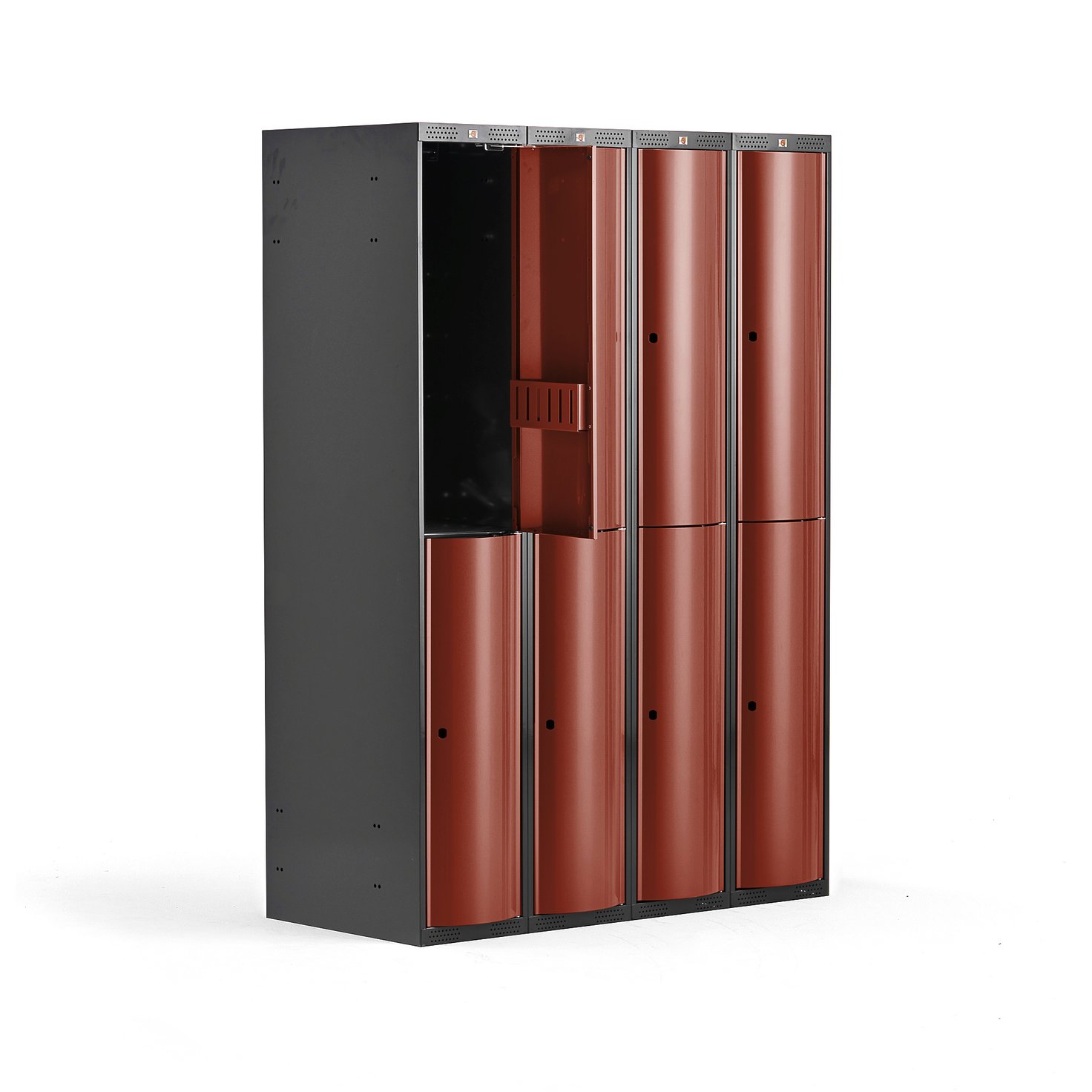Clothes locker CURVE, 4 modules, 8 doors, 1740x1200x550, red | AJ Products