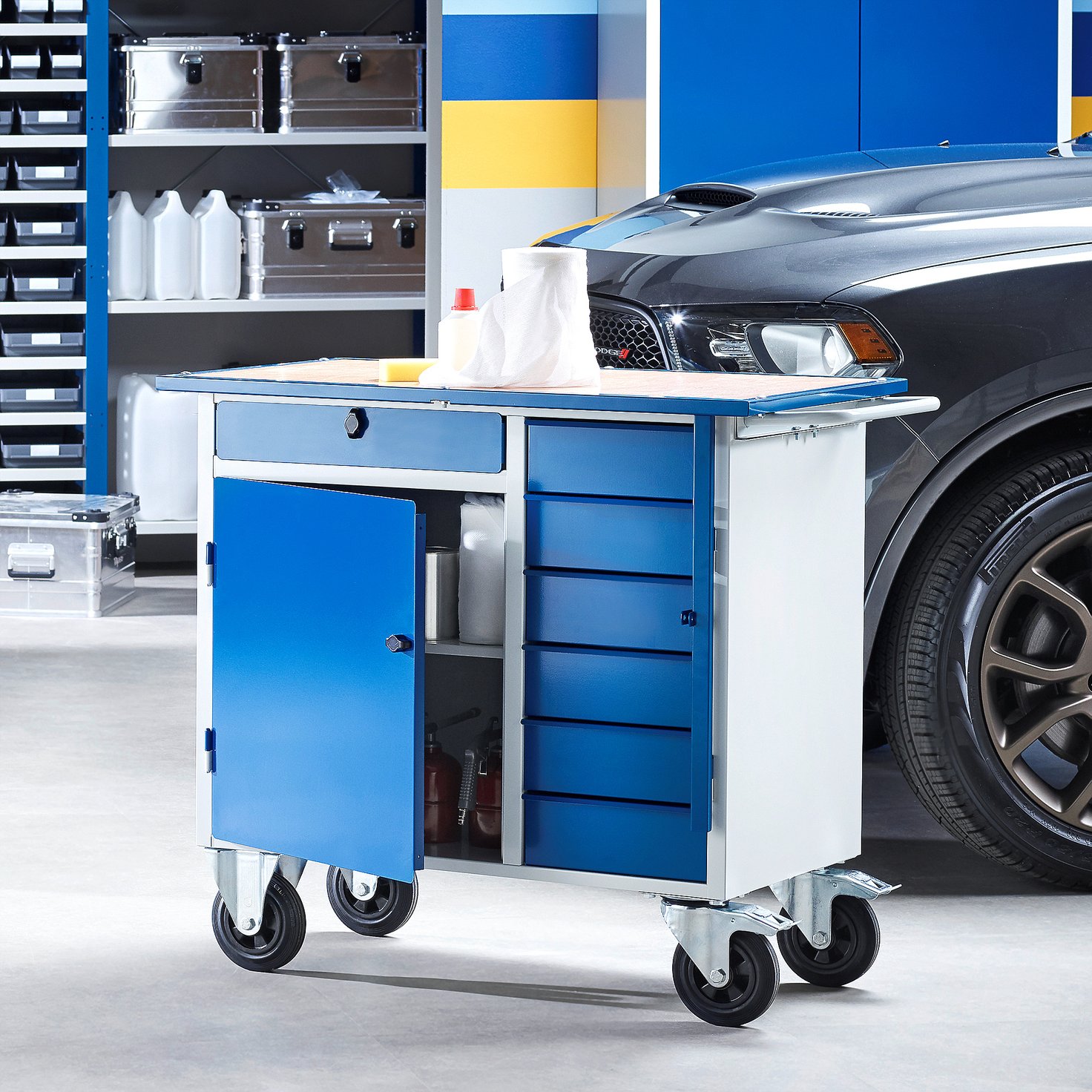 Tool bench FLEX, mobile, cabinet + 7 drawers, 990x595x900 mm | AJ Products