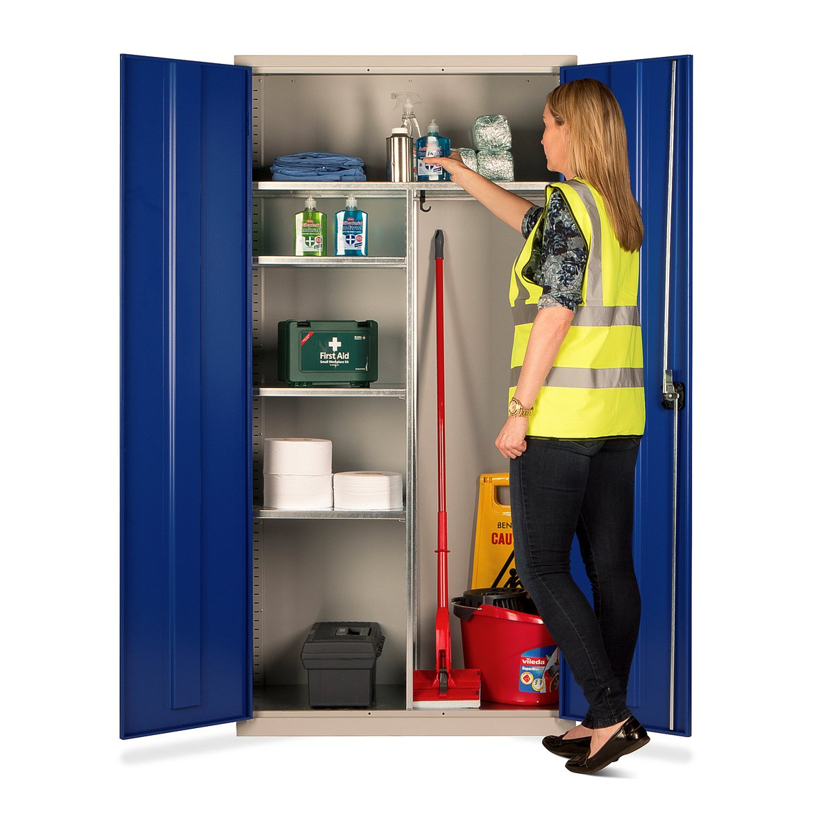 Janitorial cupboard, 1830x915x457 mm, blue | AJ Products