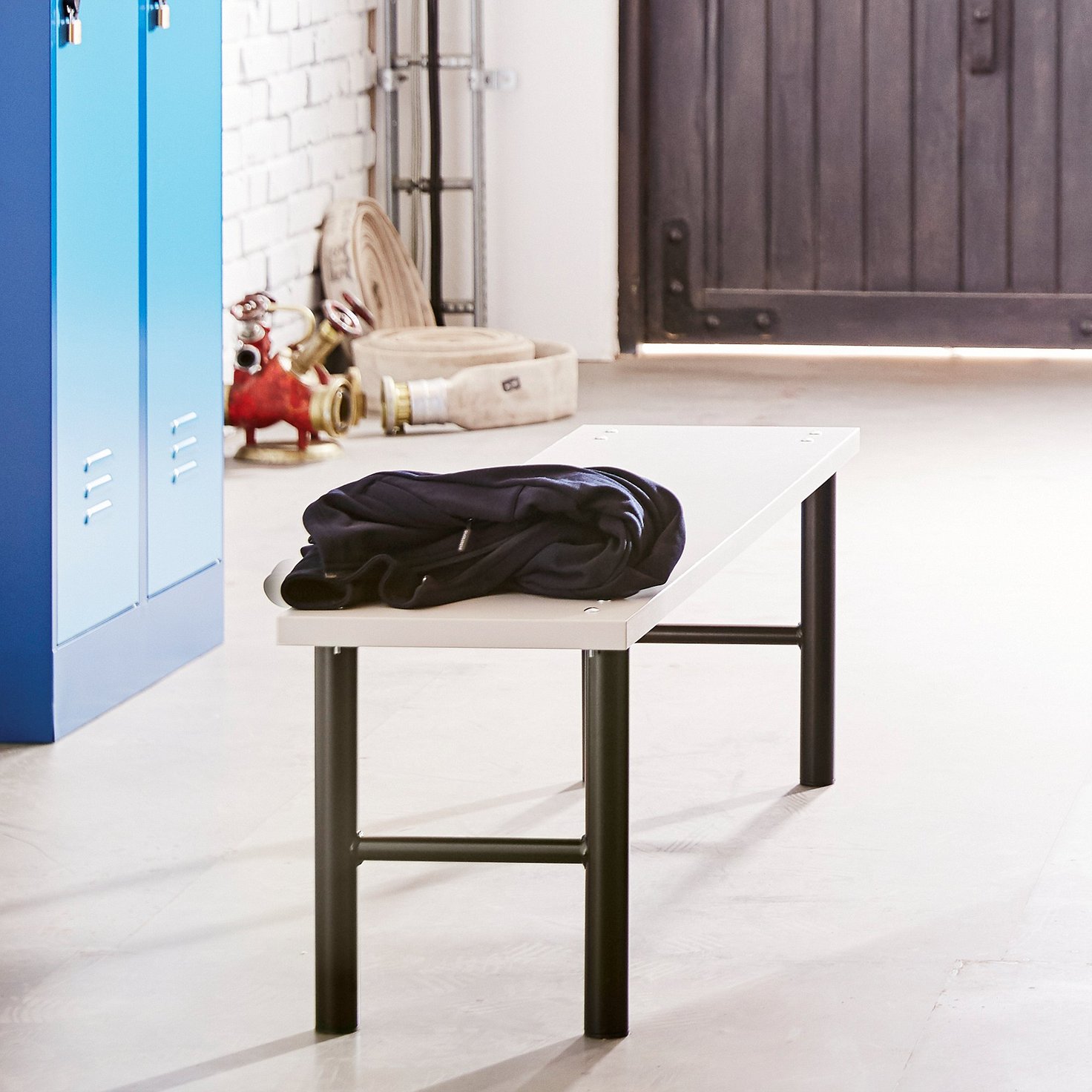 Changing room bench STADIUM, 1500x360x430 mm, grey, black | AJ Products