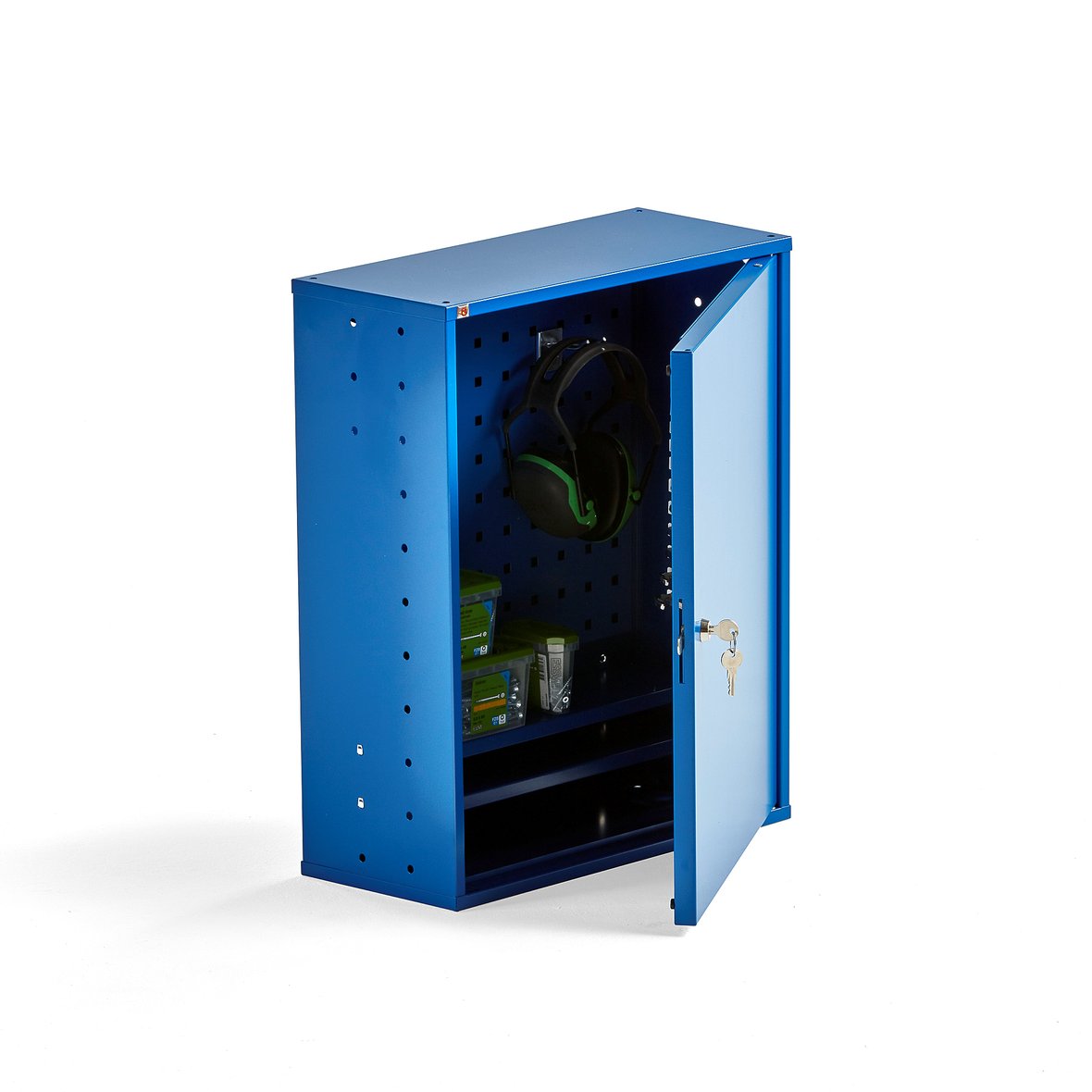 Small component cabinet SERVE with tool panels, 580x470x205 mm, blue ...
