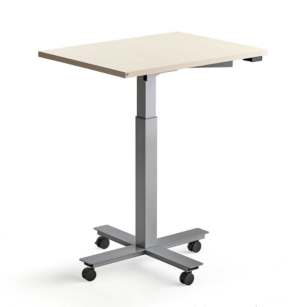 Mobile sit-stand desk MODULUS, 800x600 mm, silver frame, birch | AJ ...