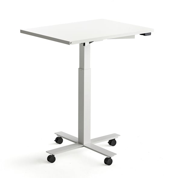 Mobile sit-stand desk MODULUS, 800x600 mm, white frame, white | AJ Products