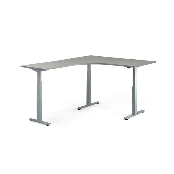 Standing desk MODULUS, L-shaped, 1600x2000 mm, silver frame, light grey ...