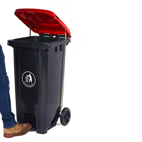 Pedal-operated wheelie bin, 120 L, red lid | AJ Products