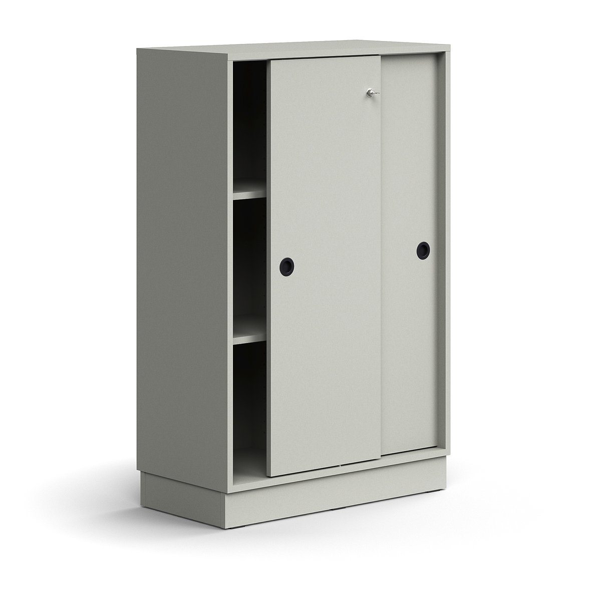 Lockable sliding door cabinet QBUS, 2 shelves, base frame, handles ...