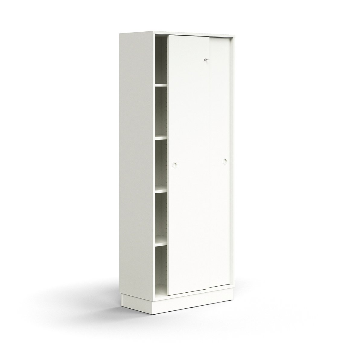 Lockable sliding door cabinet QBUS, 4 shelves, base frame, handles ...