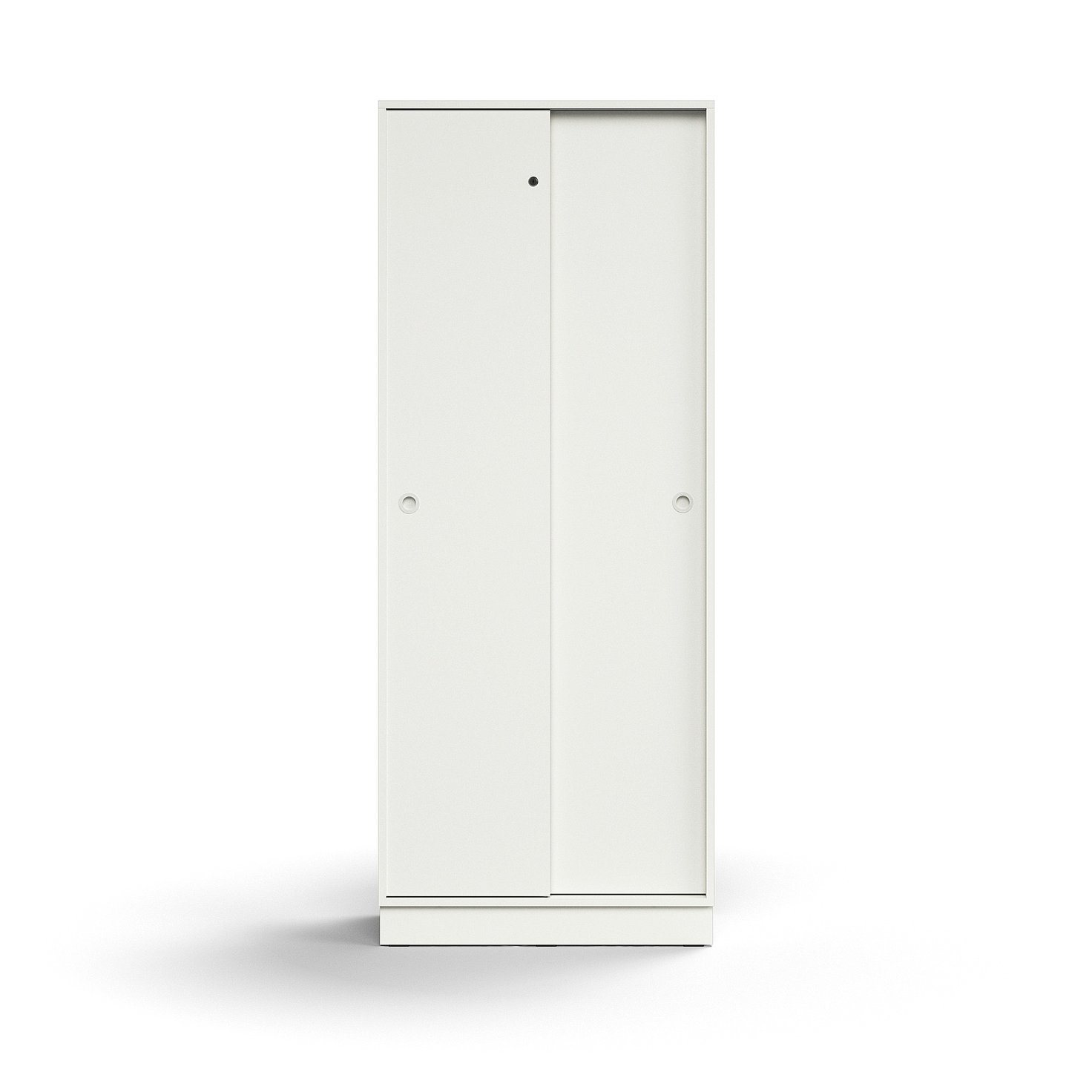 Lockable sliding door cabinet QBUS, 4 shelves, base frame, handles ...
