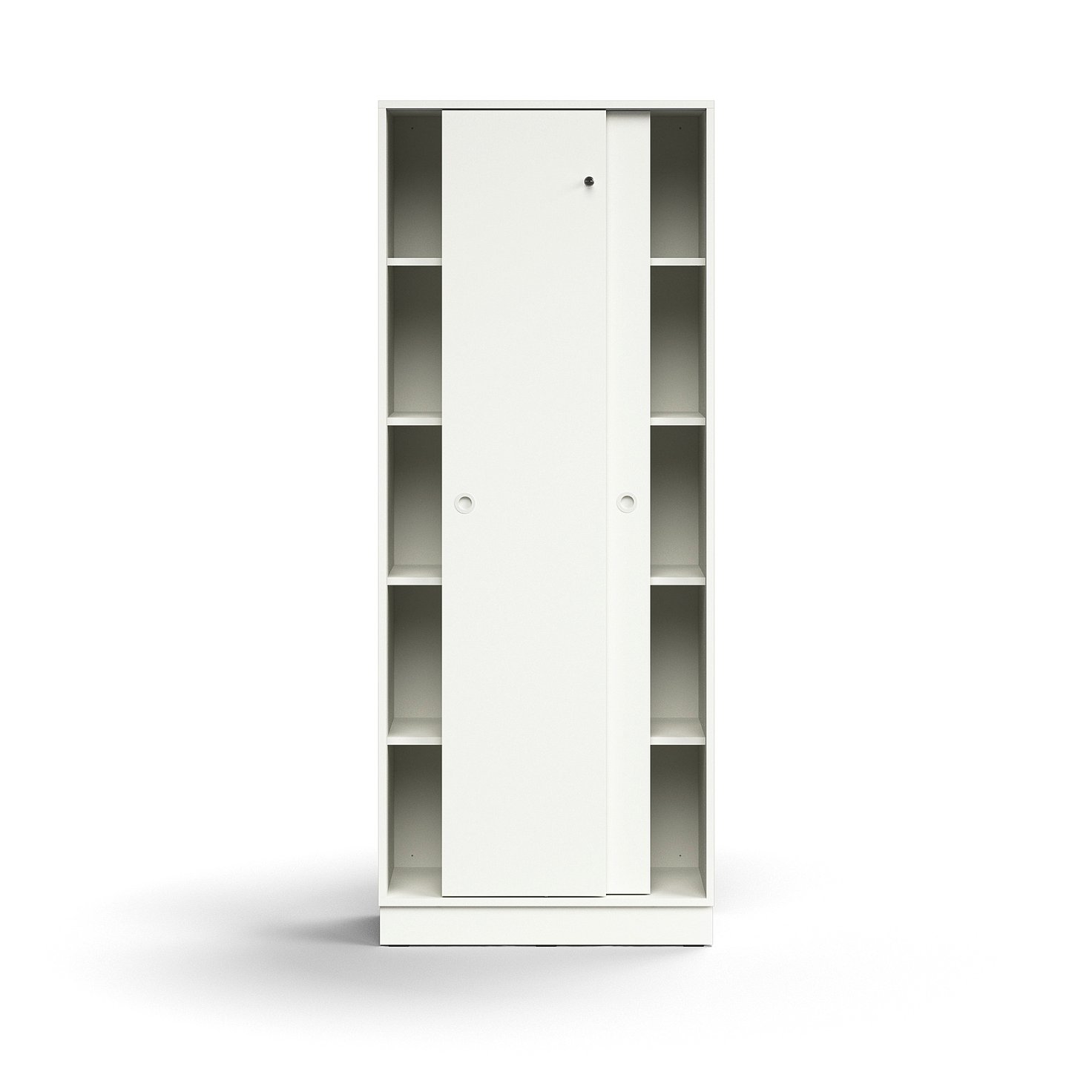 Lockable sliding door cabinet QBUS, 4 shelves, base frame, handles ...