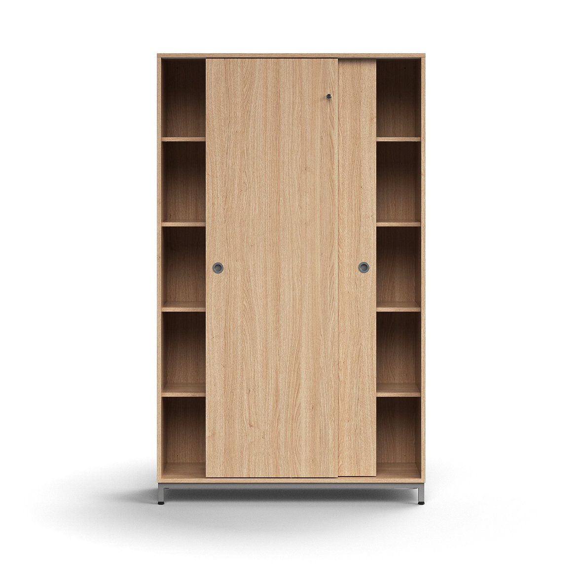 Lockable sliding door cabinet QBUS, 4 shelves, leg frame, handles ...