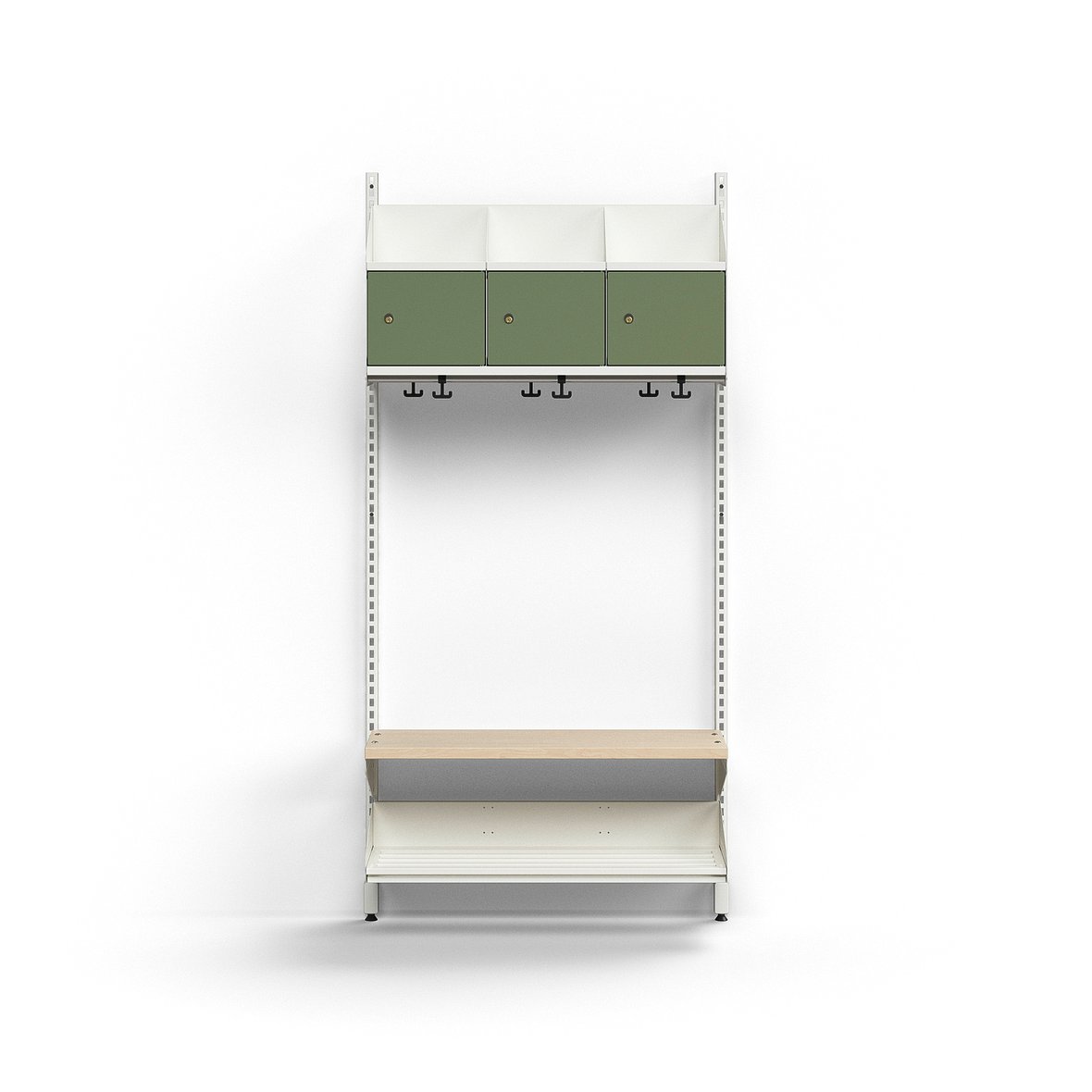 Hatta- og skóhilla ENTRY, grunneining, veggeining, bekkur, 3 stálhurðir ...