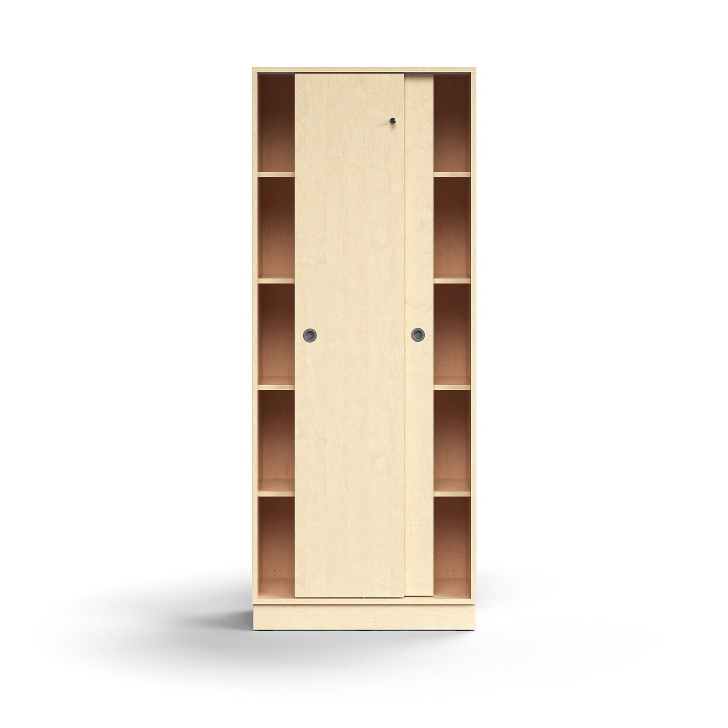 Lockable sliding door cabinet QBUS, 4 shelves, base frame, handles ...